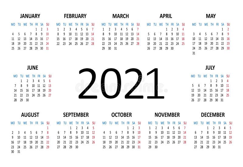 Kalender Voor Het Jaar 2021. Week Begint Op Maandag. Vector Stock ...