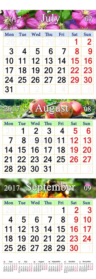 Kalender Voor Juli August September 2017 Met Drie Gekleurde Beelden ...