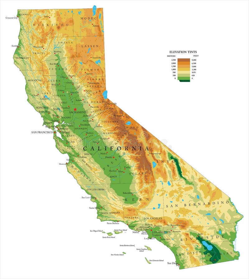 Fizyczna Mapa Kalifornia, Los Angeles Ilustracji - Ilustracja złożonej ...