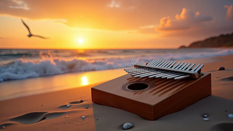 A Kalimba Rests on the Beach Sand at Sunset, Creating a Serene, Musical ...