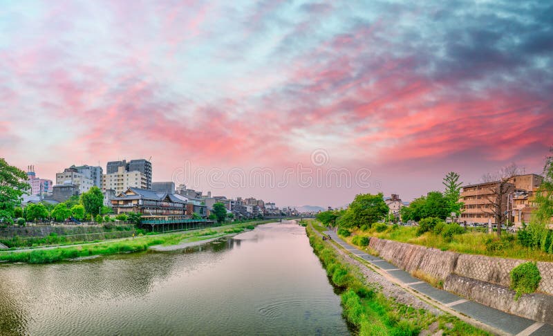 Kamo River and Kyoto Skyline at Sunset, Japan Stock Photo - Image of ...