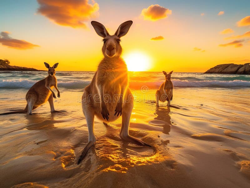 Kangaroo on the beach stock illustration. Illustration of sunset ...