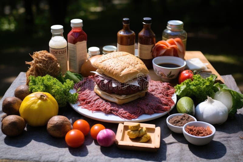 Kangaroo Burger Ingredients Arranged on a Picnic Table Stock ...