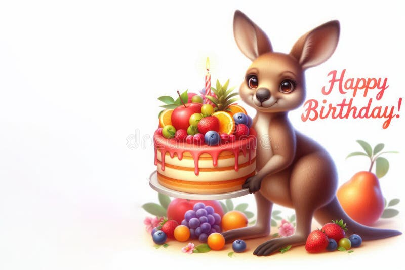 Kangaroo with Cake in Hand Congratulating on His Birthday. Space for ...