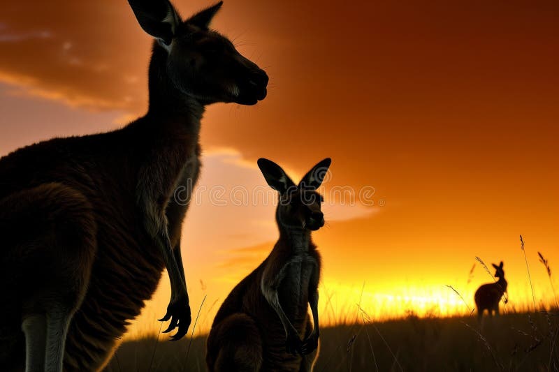 Kangaroo Family Against Australian Sunset Stock Photo - Image of nature ...