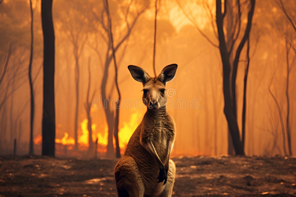 Kangaroo in Front of a Forest Fire Stock Photo - Image of smoke ...