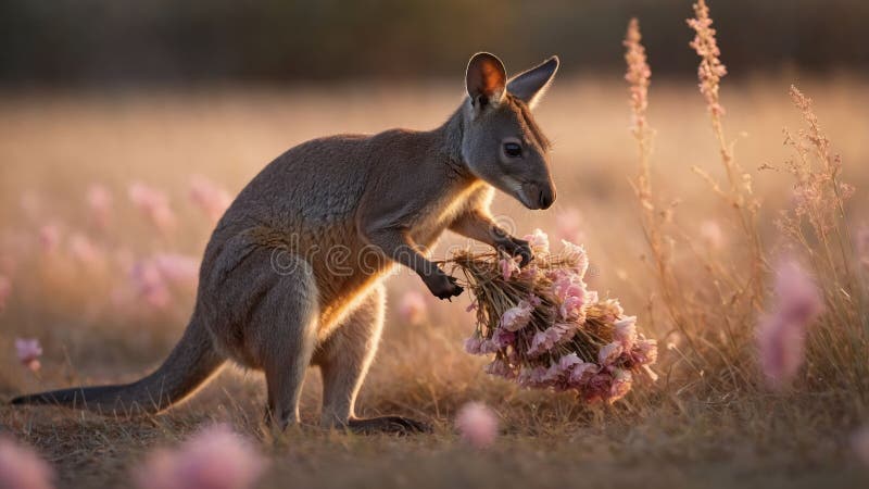 Adorable Wallaby Holding a Bouquet of Pink Flowers at Sunset Stock ...