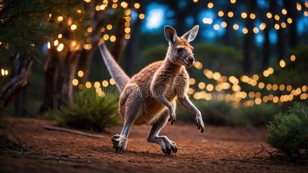Adorable Red Kangaroo Hopping through Fairy Lights at Night Stock ...