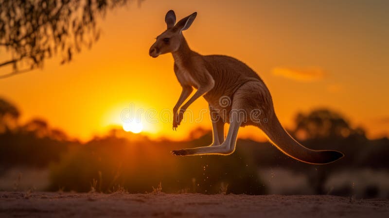 Kangaroo Jumping at Sunset. Generative AI Stock Illustration ...