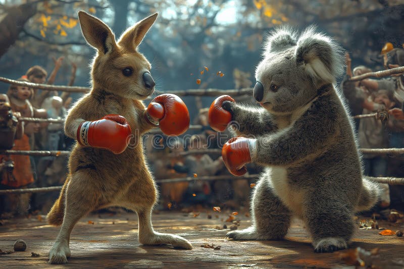 Kangaroo and Koala Boxing in a Ring Surrounded by Spectators Stock ...
