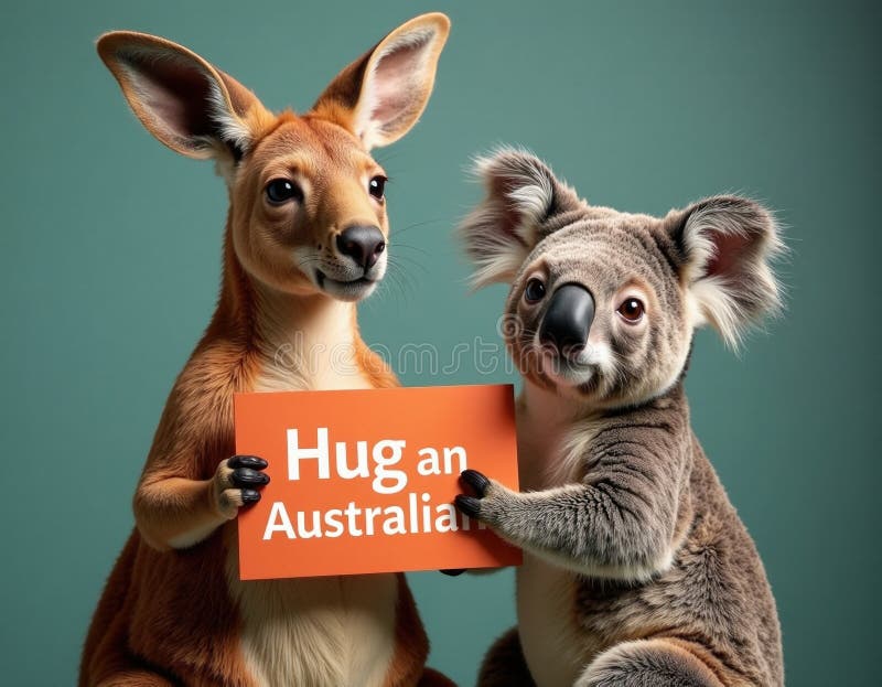 Kangaroo and Koala Holding "Hug an Australian" Sign Stock Illustration ...