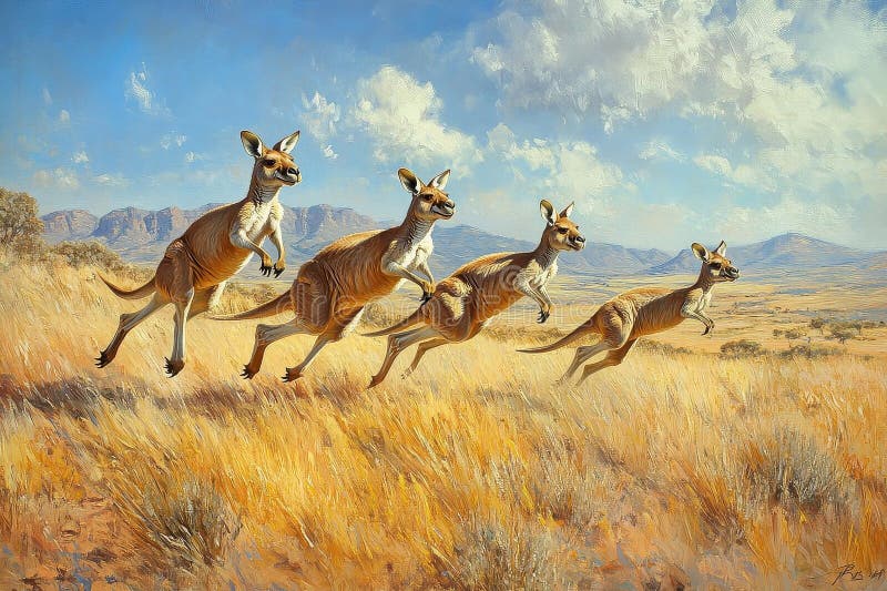 Kangaroo Leap through Golden Grasslands Stock Illustration ...