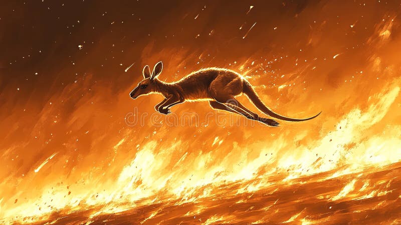 Kangaroo Leaping Over Wildfire Flames at Night Stock Image - Image of ...