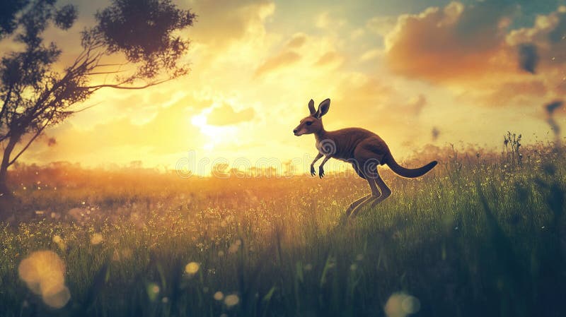 Kangaroo Leaping in Sunset Grassland Stock Image - Image of summer ...