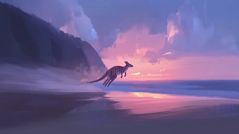Kangaroo Leaps Sunset Beach, Cliff Backdrop, Fantasy Art Stock Image ...