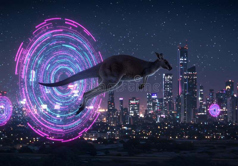 Kangaroo Leaping through Futuristic Portal Over Cityscape Stock ...