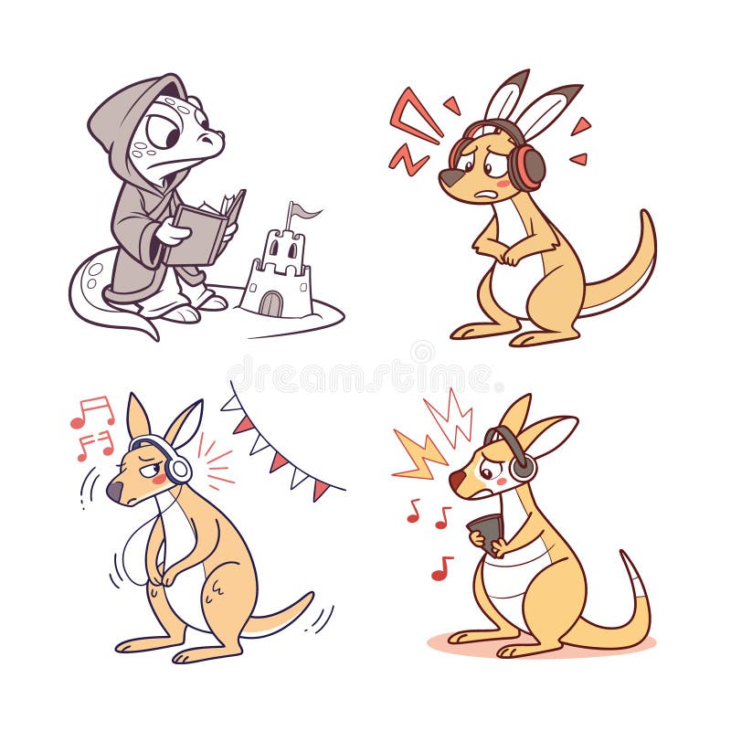 Kangaroo and Lizard Moods: Cartoon Character Set Stock Vector ...