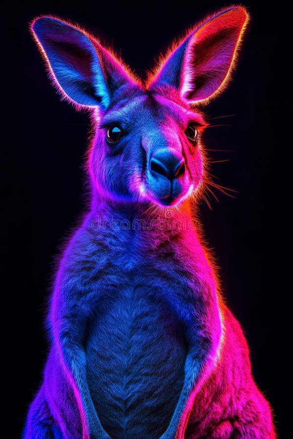 A Kangaroo with a Neon Glow Sits on a Reflective Surface. Stock Image ...