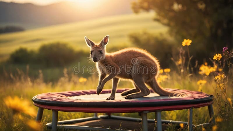 Adorable Baby Kangaroo on a Small Trampoline at Sunset Stock ...