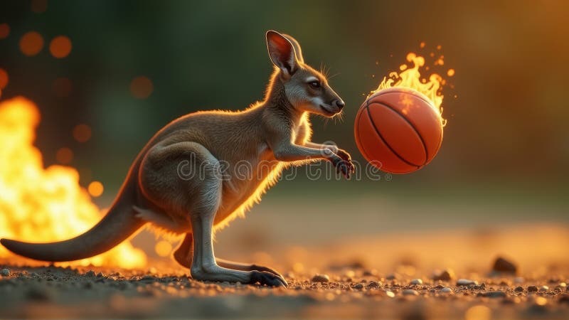 Kangaroo Playing with a Flaming Basketball at Sunset Stock Illustration ...