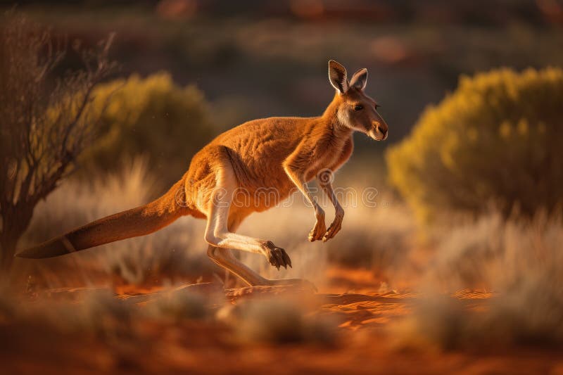 A Kangaroo Running through the Desert with Trees in the Background ...