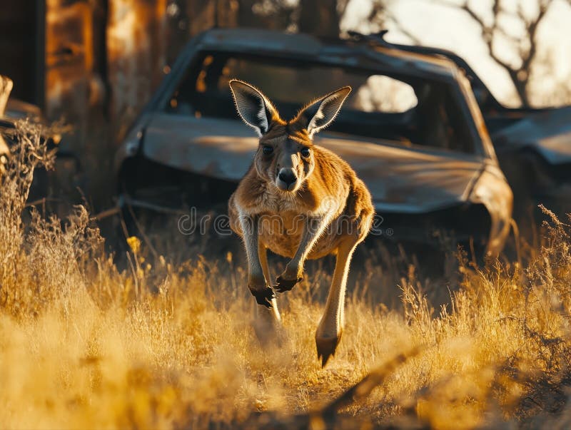 Kangaroo Running through Tall Grass in the Outback in Front of a Parked ...