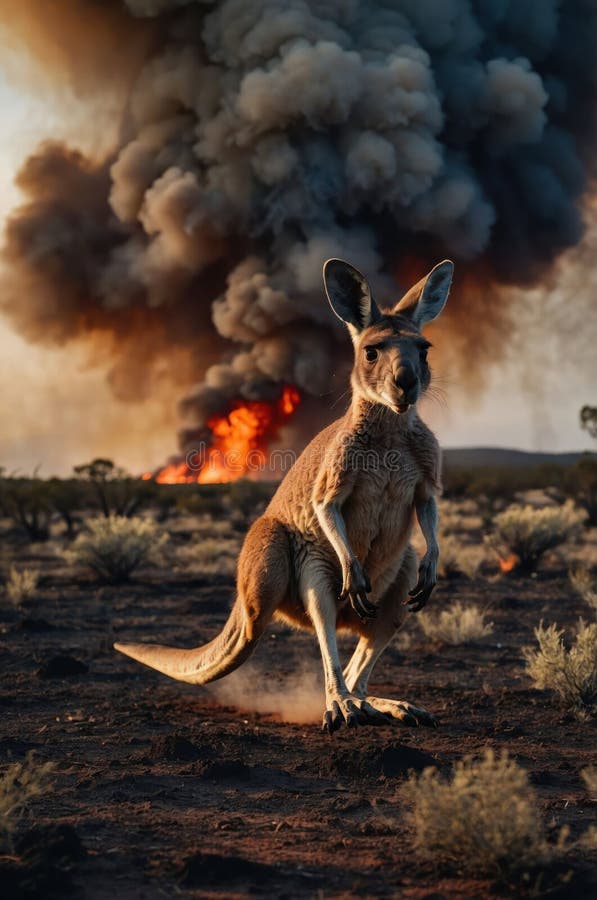 Red Kangaroo Facing Bushfire, Wild Animal in Danger Stock Illustration ...