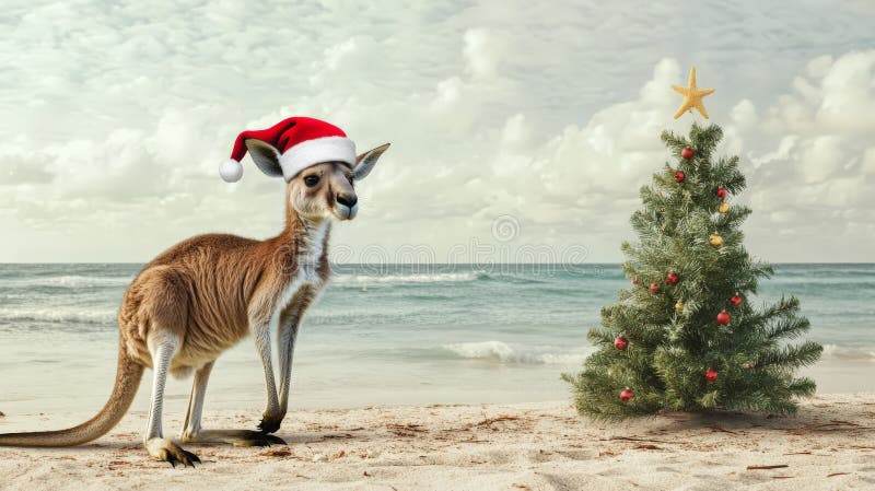 Kangaroo in Santa Hat Enjoys Beachside Christmas with Decorated Tree ...