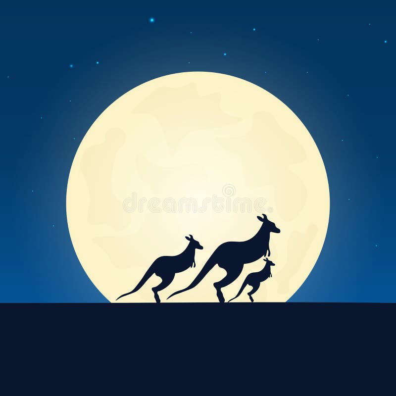 Kangaroo Silhouette. Banner with Moon on the Night Background. Vector ...