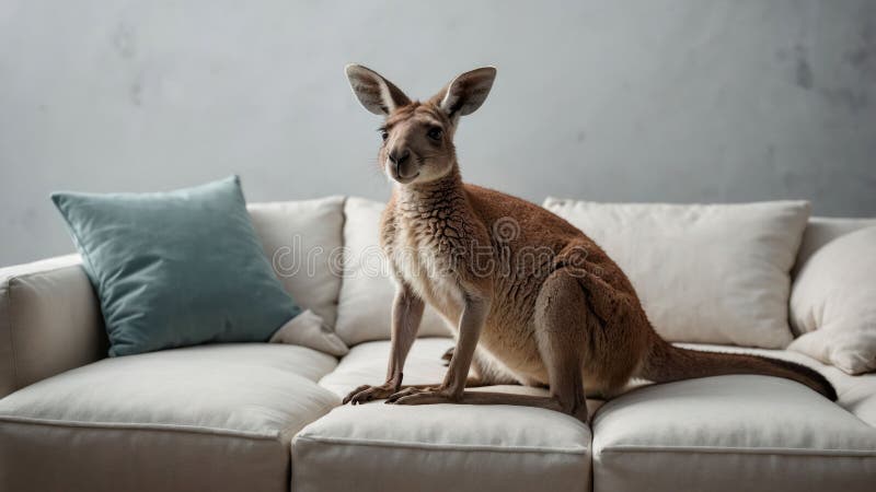 A Kangaroo Sitting on a Couch, Showcasing a Unique Indoor Pet Scenario ...