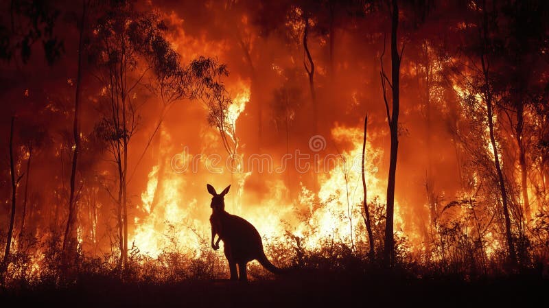 Kangaroo Standing in Burning Forest during Wildfire in Australia Stock ...