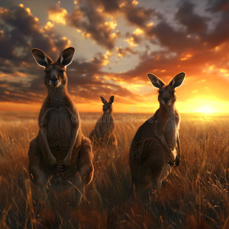 Kangaroo Standing in the Savanna with Setting Sun Shining. Stock ...