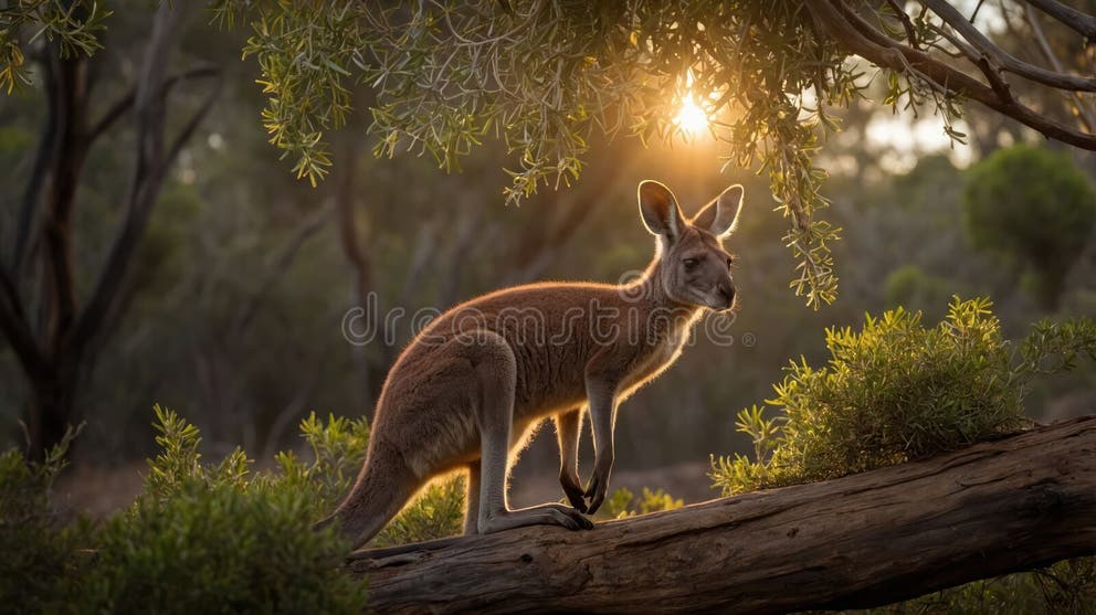 Golden Hour Kangaroo on Log: Majestic Australian Wildlife Stock ...