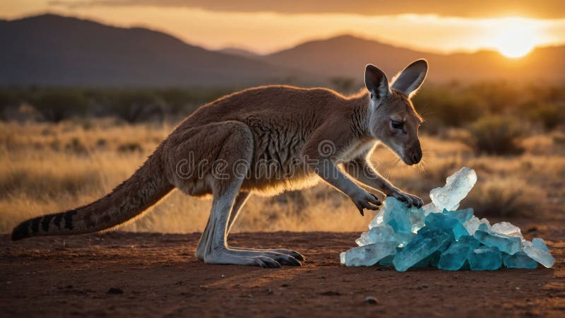 Golden Hour Kangaroo Encountering Blue Crystals in Outback Stock ...
