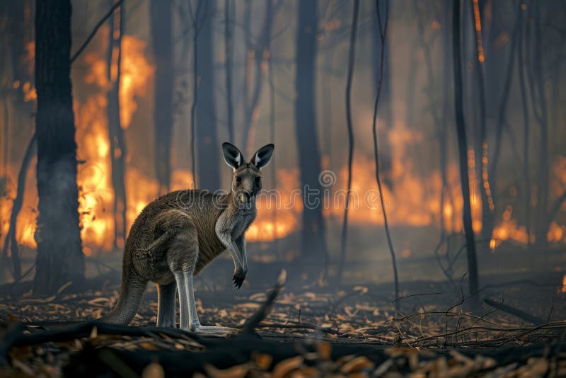 A Kangaroo Trying To Escape a Forest Fire in Australia Stock Photo ...