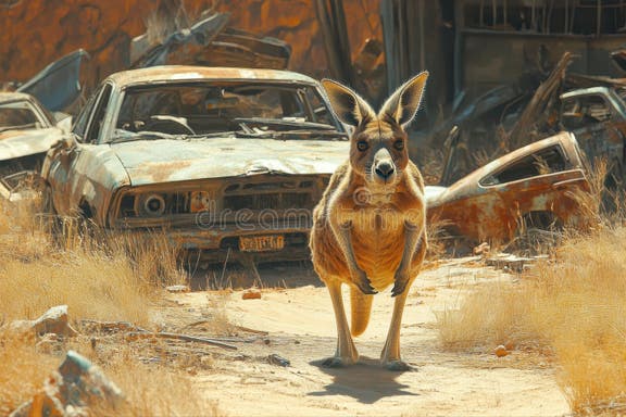 Kangaroo Walking in Front of a Car in Australian Outback Landscape with ...