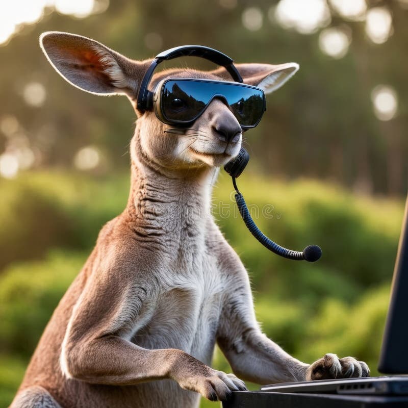 Kangaroo Wearing Headset and Holding Laptop Stock Illustration ...