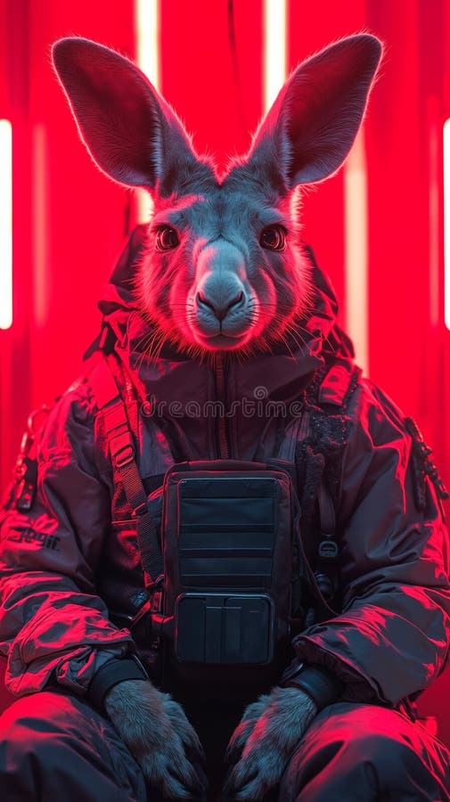 A Kangaroo Wearing a Red Jacket Sitting in Front of a Red Light Stock ...