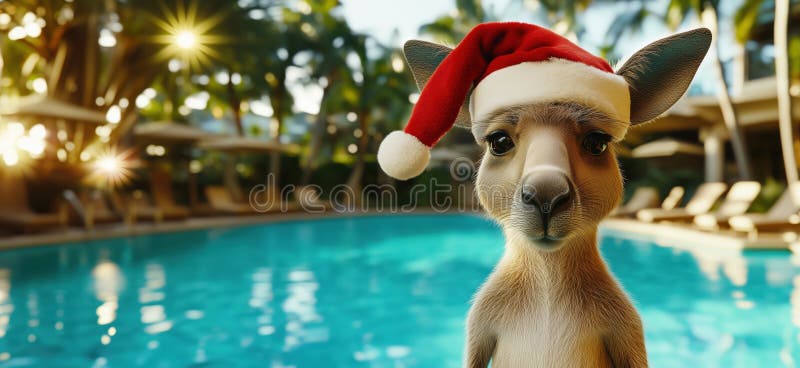 Kangaroo Wearing Santa Hat by Swimming Pool in Tropical Setting Stock ...