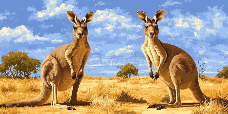 Kangaroos in Australian Outback Landscape, Two Kangaroos Standing on ...