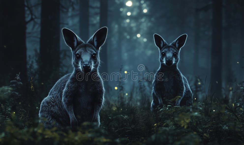 Kangaroos in Enchanted Forest at Night with Glowing Fireflies Stock ...