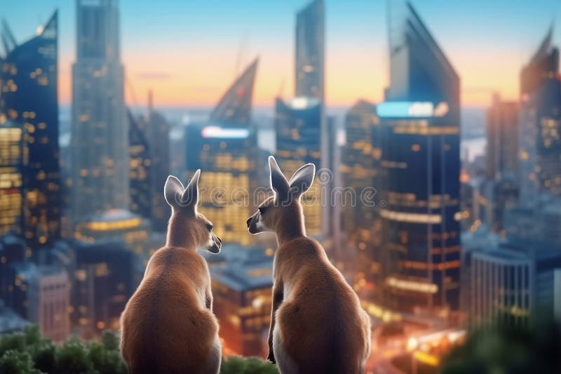 Kangaroos Sitting Against the Background of a Big City, Generative Ai ...
