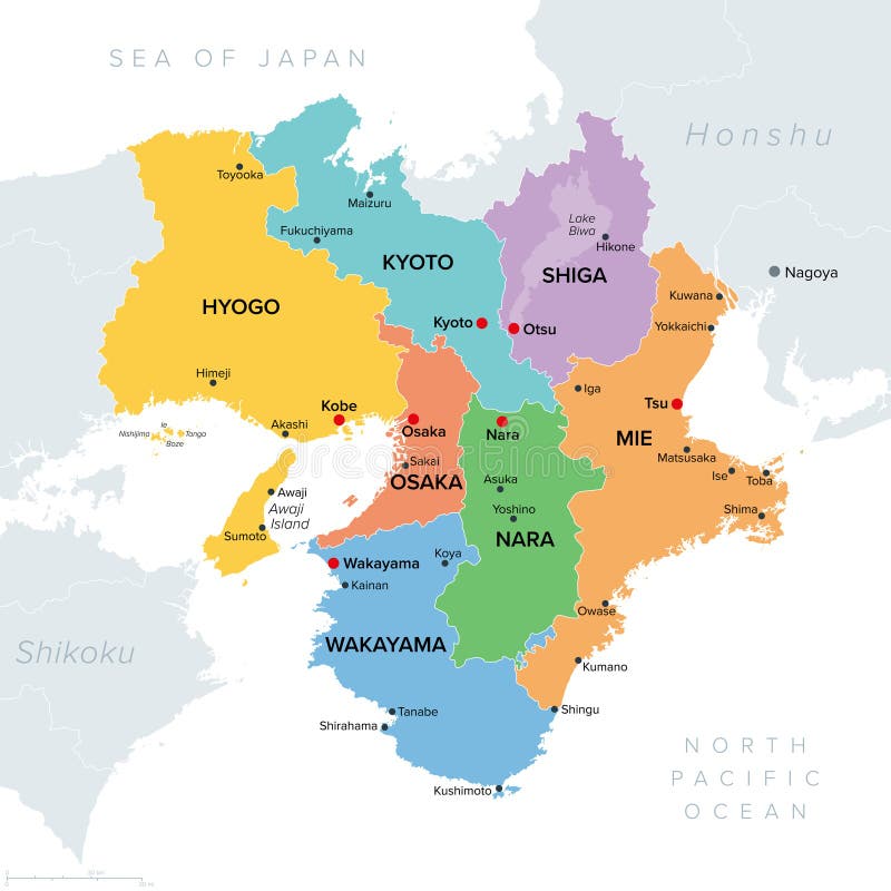 Kansai Region, or Kinki Region in Japan, Colored Political Map Stock ...