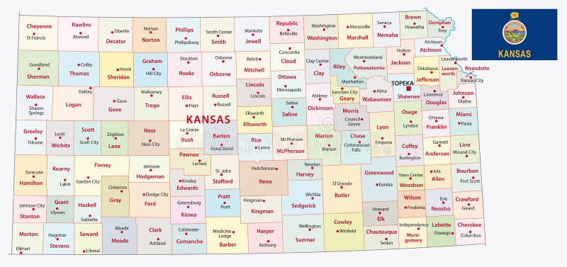 Kansas Administrative Map with Flag Stock Illustration - Illustration ...