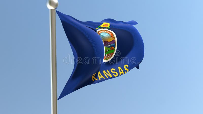 Kansas Flag on Flagpole. KS Flag Fluttering in the Wind. USA. 3d Render ...