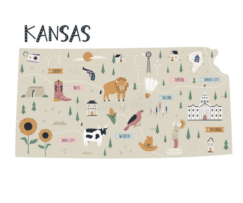 Kansas Map State with Landmarks and Symbols. Stock Illustration ...
