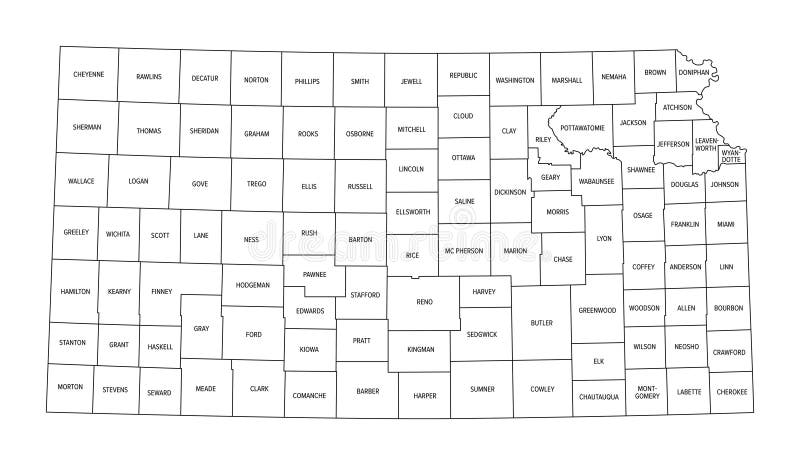 State of Kansas, Subdivided into 105 Counties, Political Map Stock ...