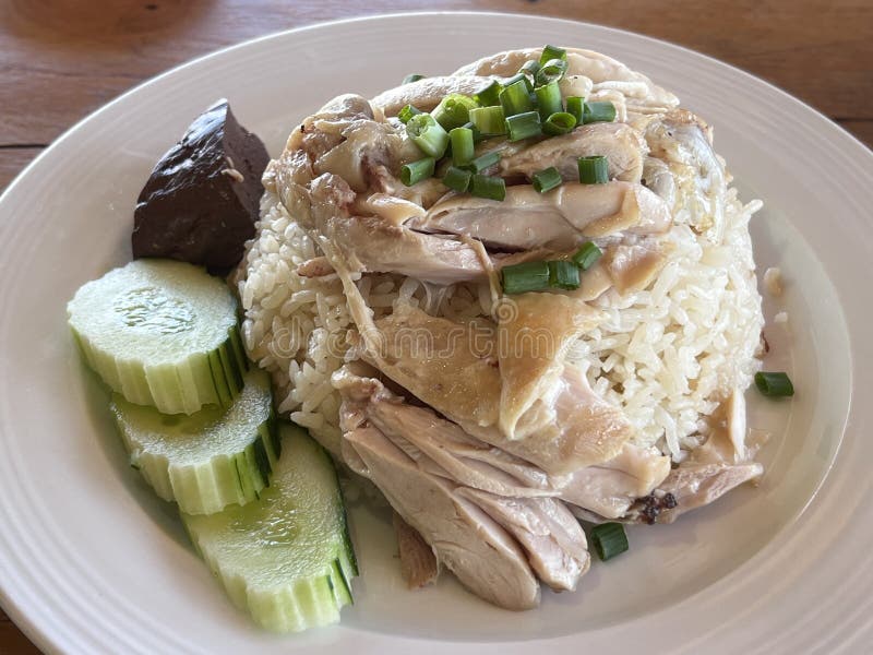 Kao Man Kai. Chicken Topping in Rice Stock Photo - Image of plate ...