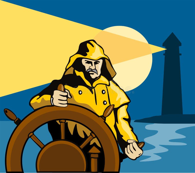 Kapitein Bij Het Roer Van Een Schip Vector Illustratie - Illustration ...