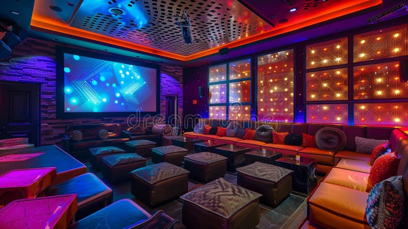 Karaoke Enthusiasts Singing in Modern Private Lounge Stock Illustration ...